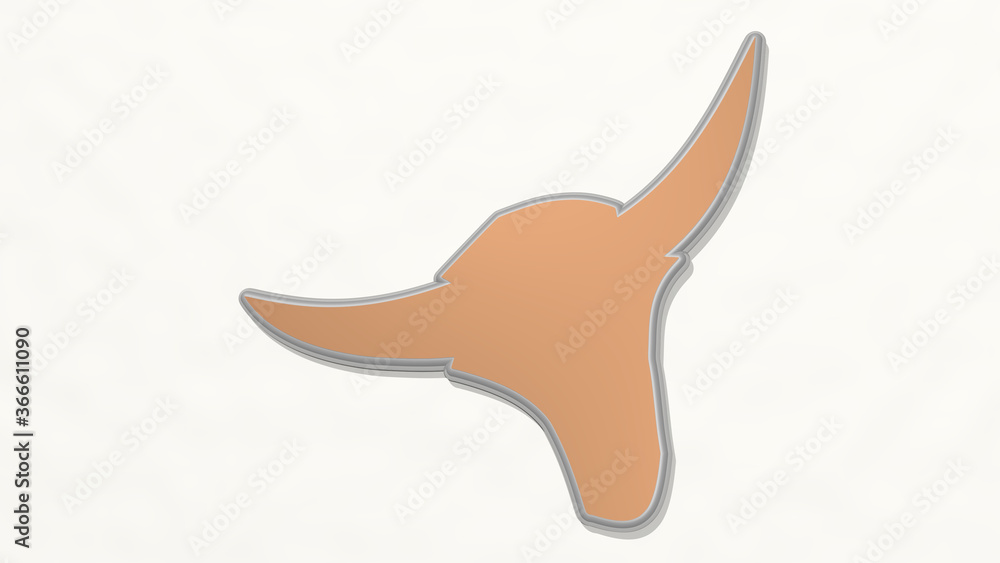 bull head on the wall. 3D illustration of metallic sculpture over a ...