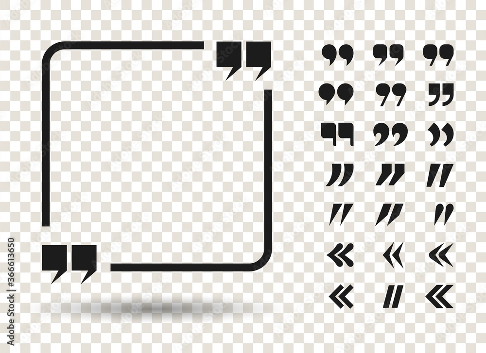 Quotation mark icon set and a square frame with shadow on a transparent ...
