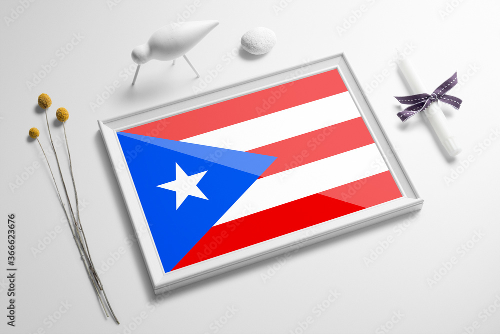 Puerto Rico flag in wooden frame on table. White natural soft concept ...