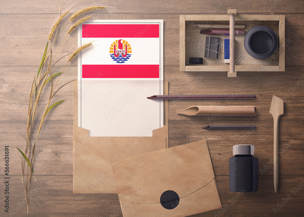 French Polynesia invitation, celebration letter concept. Flag with ...