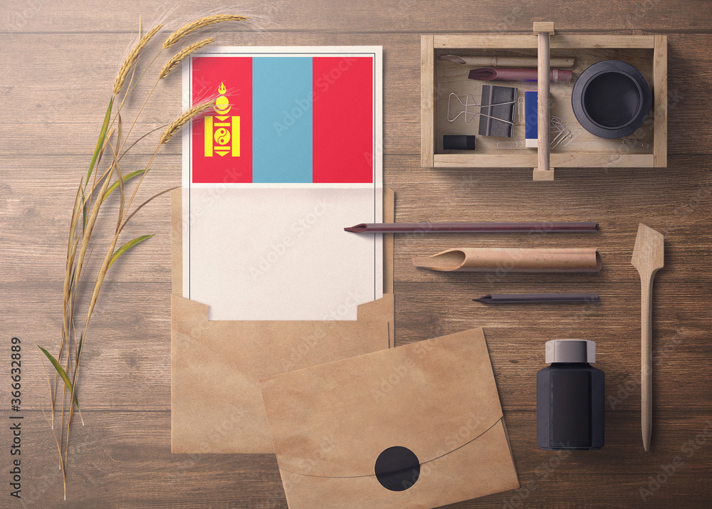 Mongolia invitation, celebration letter concept. Flag with craft paper ...