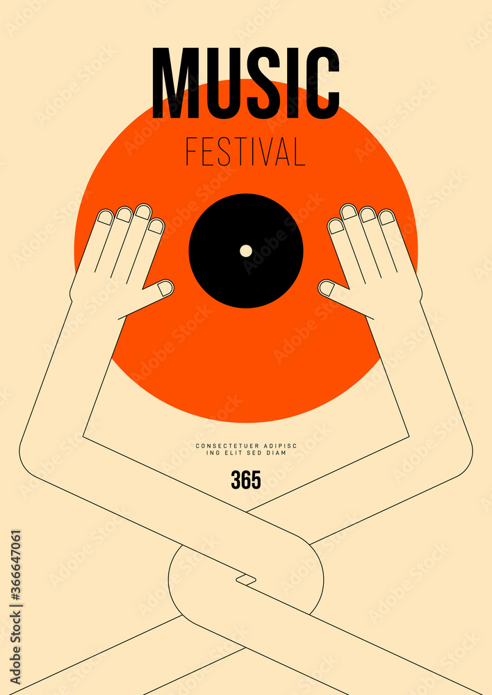 Music poster design template background with vinyl record and hand ...