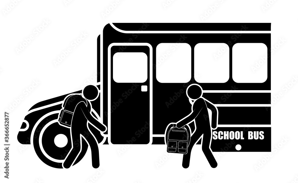 Stick figure, schoolchildren with backpacks approach the American ...
