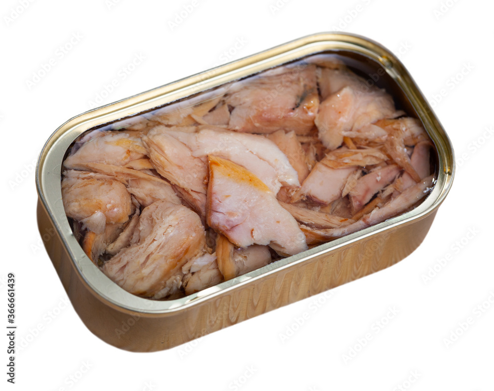 Open tin can of canned chopped tuna belly in oil. Isolated over white ... Open tin can of canned chopped tuna belly in oil. Isolated over white ...