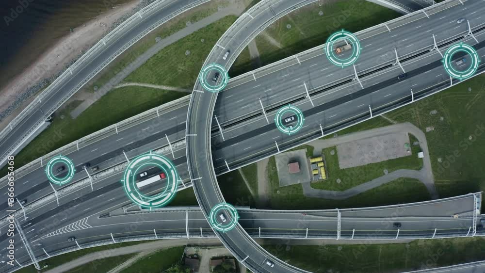 Top down aerial drone view of autonomous self driving cars moving ...