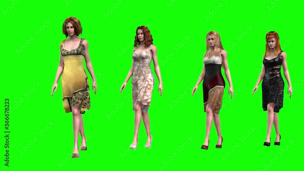 4K 3d animation showing four avatar female models in different poses ...