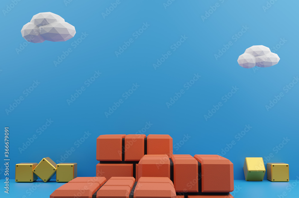 Minimal scene brick block and yellow steel block with white cloud on ...
