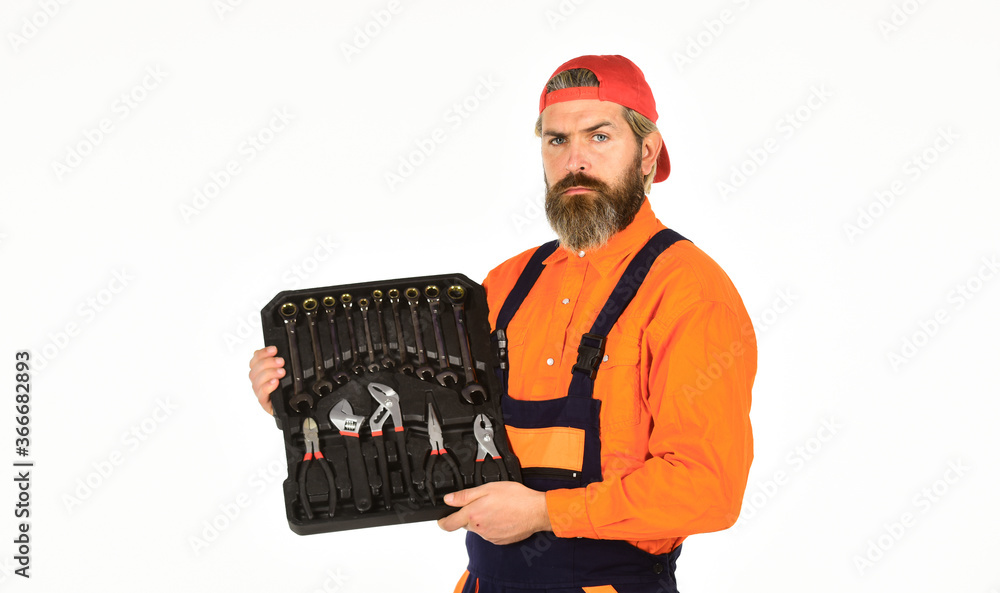 Mechanic Tool Box. Man in uniform carries toolbox white background ...