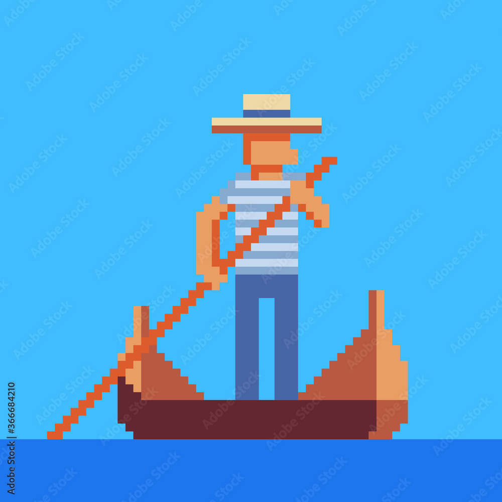 Boat man. Gondolier rowing oar sign. Pixel art. Italy Travel. Venice ...