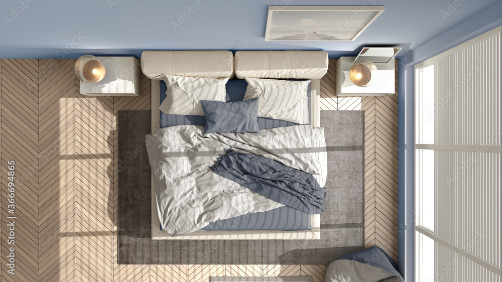 Modern bedroom in blue pastel tones, big panoramic window, double bed ...