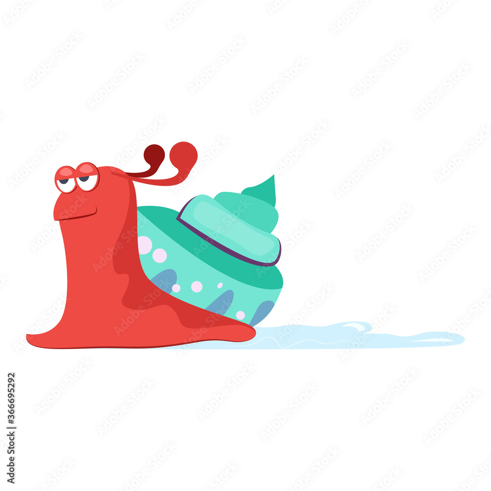 Funny smiling red slug with blue cochlea flat icon. Book character, pet ...