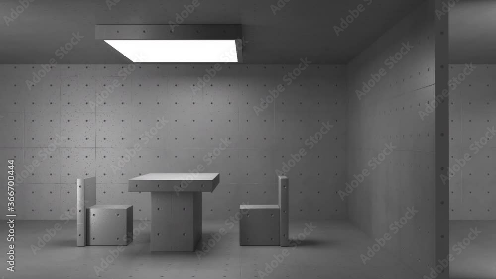 3d render concrete structure interior. Police interrogation room and ...
