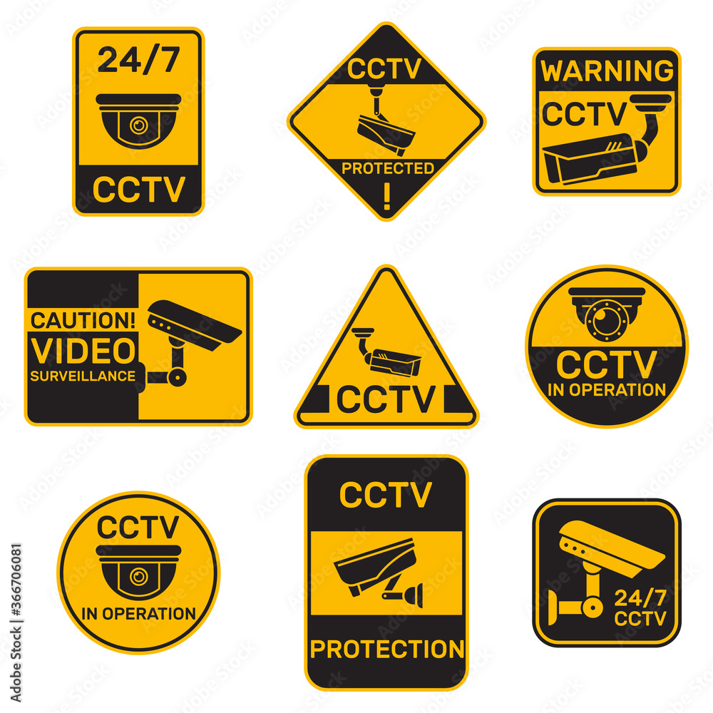 Different CCTV system badges flat icon set. Yellow information stickers ...