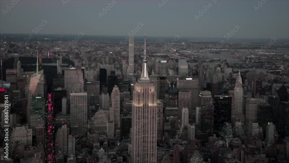 Aerial view of Manhattan, New York City during the sunset looking over ...