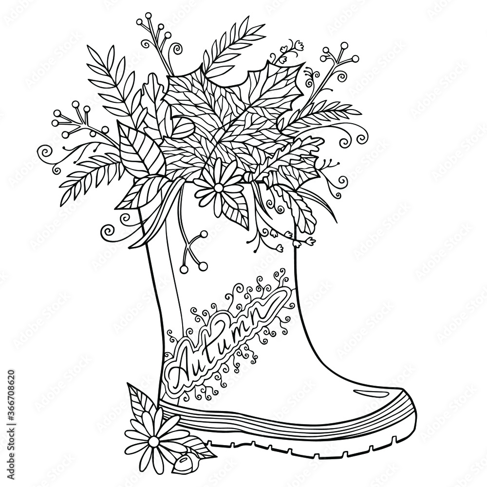 Autumn shoes coloring page. Rubber boots with bouquet of leaves and ...
