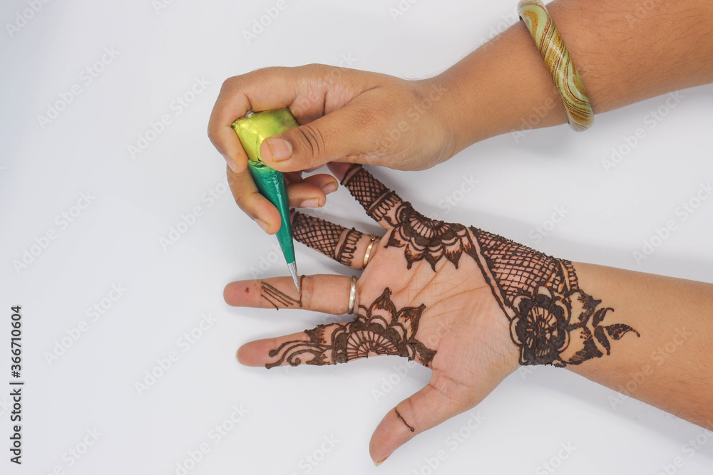 Girl Woman Applying Natural Herbal Mehndi Heena Henna Art Decoration On ...