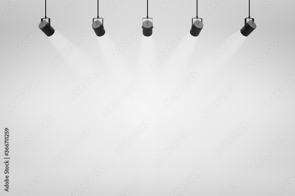 Empty white studio backdrops and spotlight on entertainment room ...