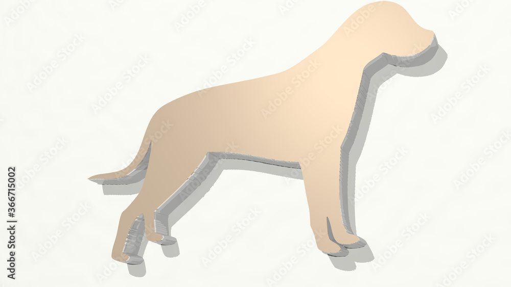 DOG from a perspective on the wall. A thick sculpture made of metallic ...