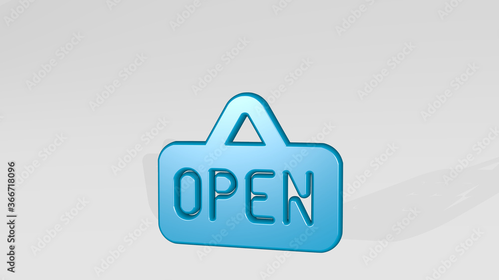 shop sign open stand with shadow. 3D illustration of metallic sculpture ...