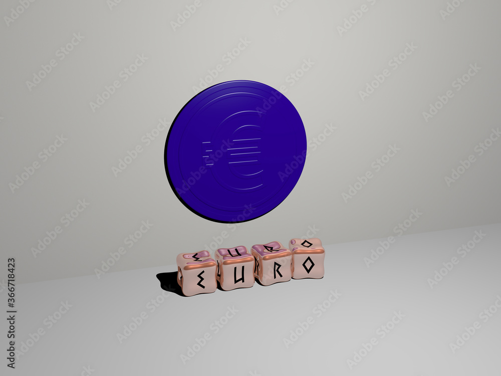 ภาพประกอบสต็อก 3D representation of euro with icon on the wall and text ...