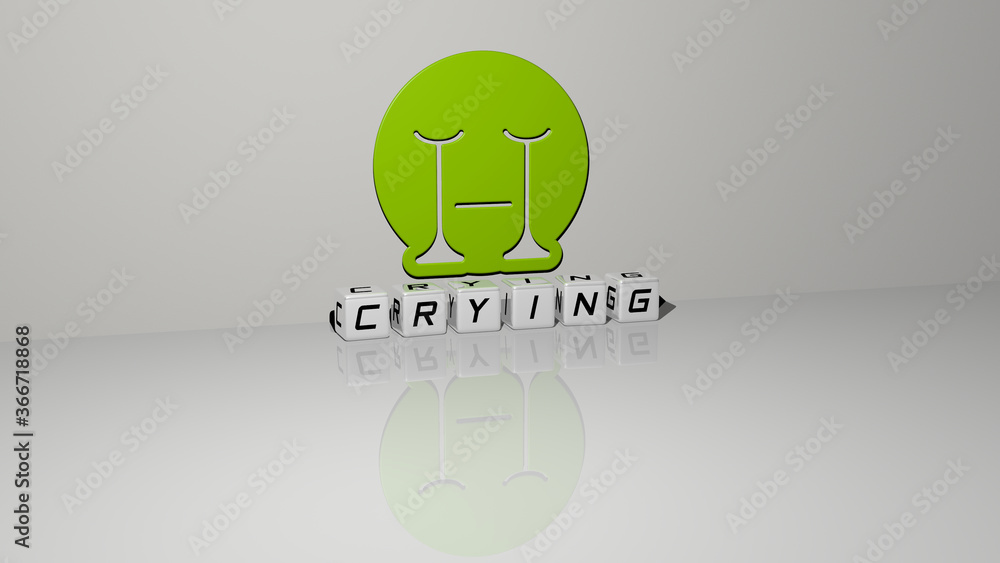 3D illustration of CRYING graphics and text made by metallic dice ...