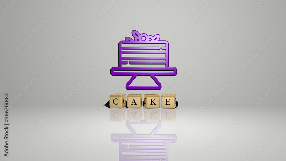 3D illustration of CAKE graphics and text made by metallic dice letters ...