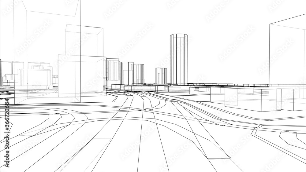 Sketch of 3D city with buildings and roads Stock Illustration | Adobe Stock