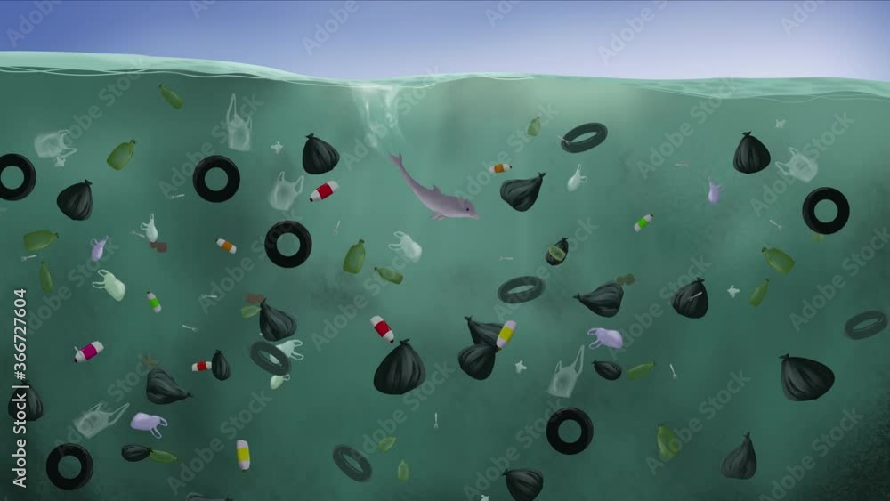 2d cartoon animation. Dolphin dives into polluted water with plastic ...