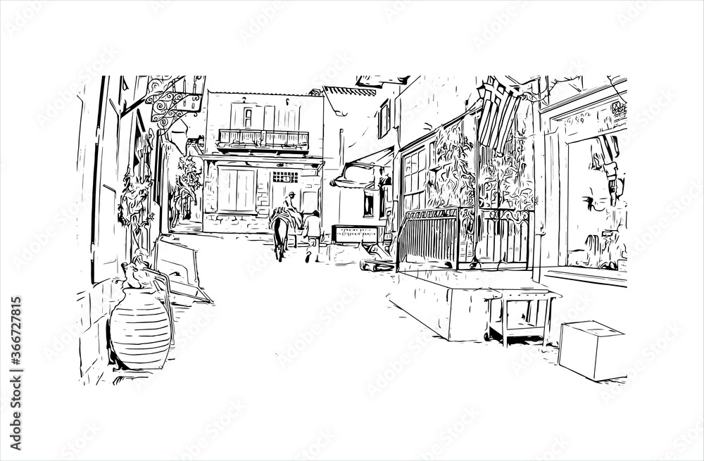 Building view with landmark of Hydra town is the capital and main ...