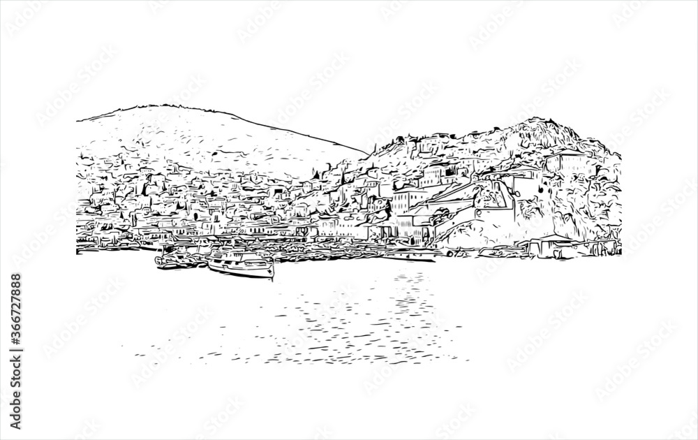Building view with landmark of Hydra town is the capital and main ...