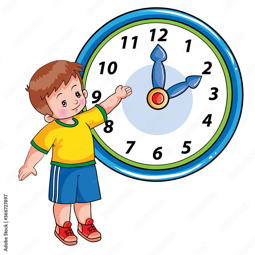 boy stands next to a large clock and shows it with his hand, the clock ...