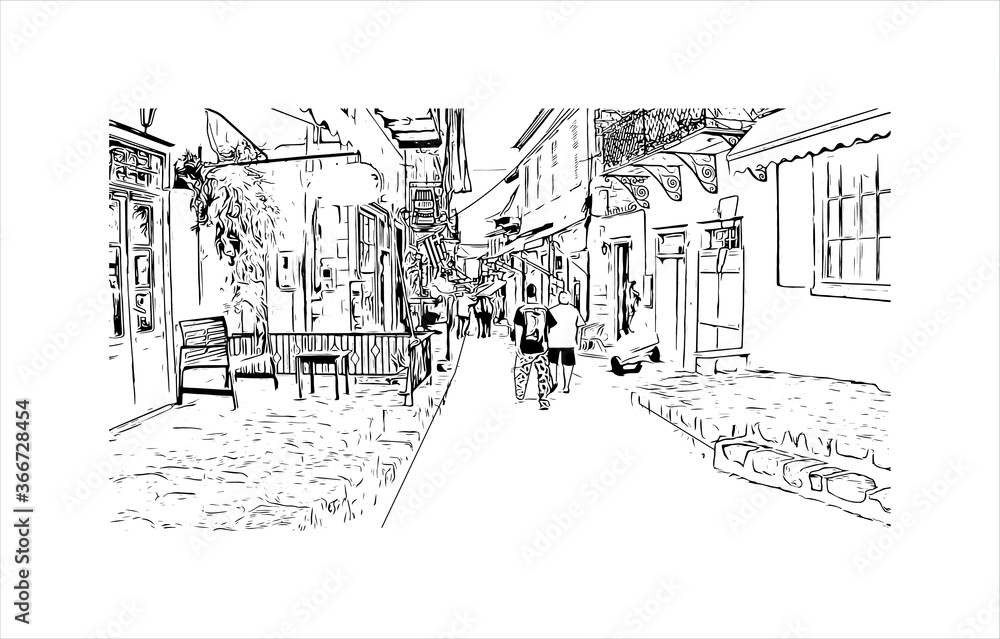 Building view with landmark of Hydra town is the capital and main ...