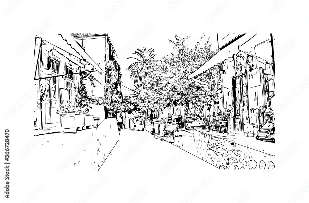 Building view with landmark of Hydra town is the capital and main ...