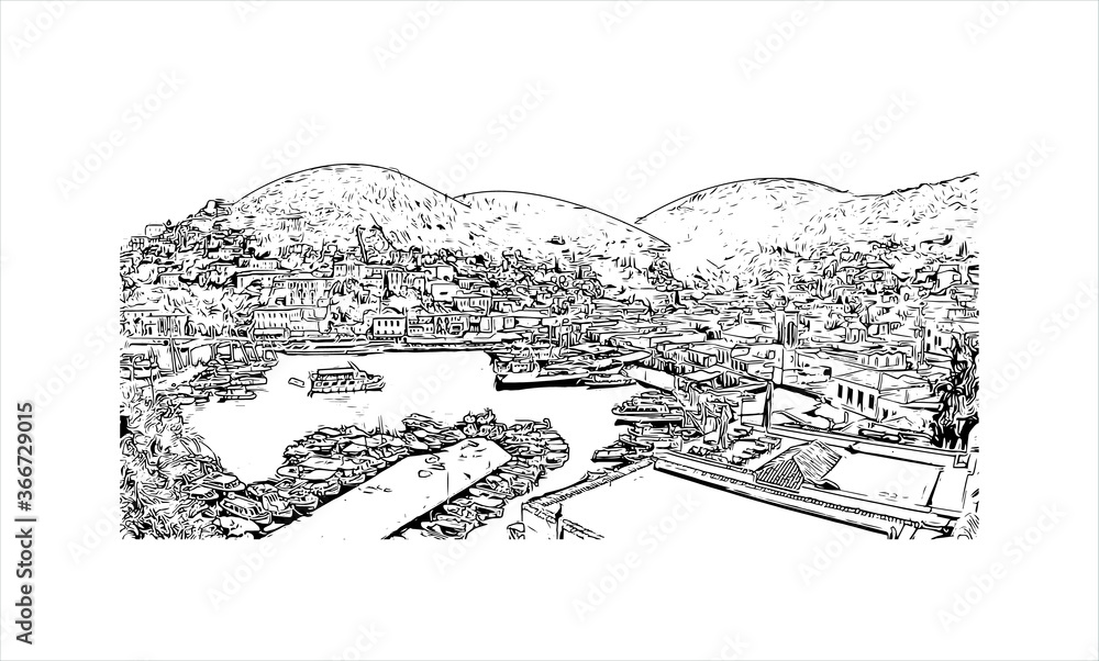 Building view with landmark of Hydra town is the capital and main ...