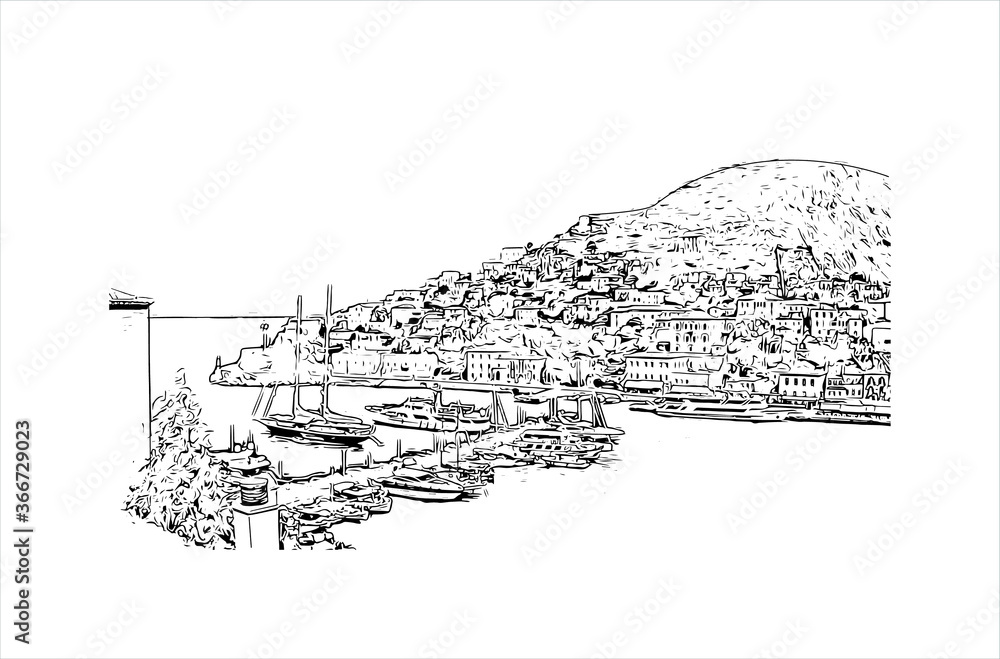 Building view with landmark of Hydra town is the capital and main ...