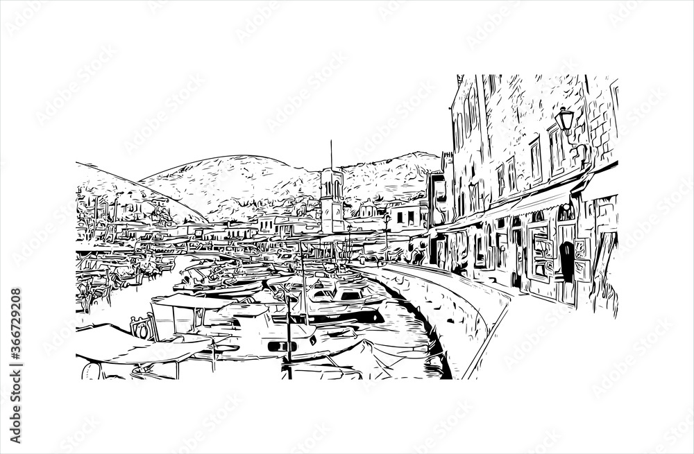 Building view with landmark of Hydra town is the capital and main ...