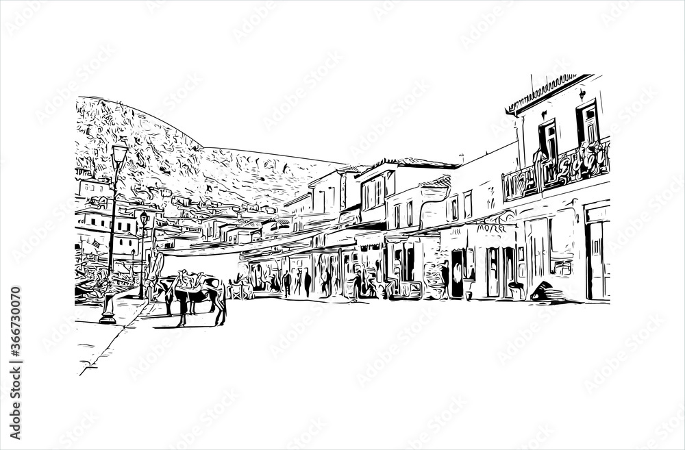 Building view with landmark of Hydra town is the capital and main ...