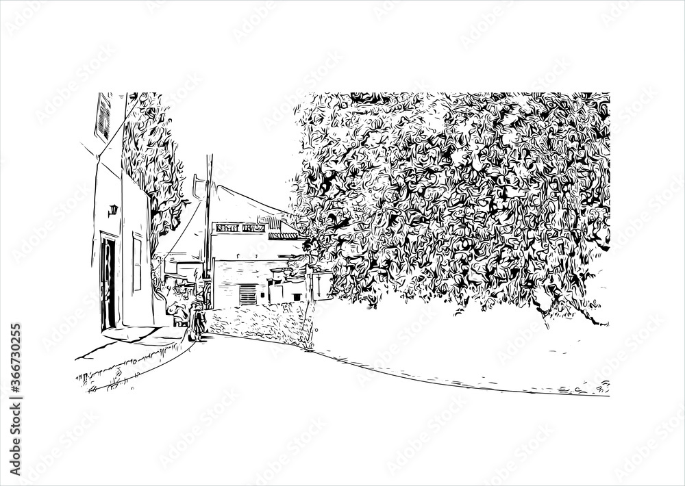 Building view with landmark of Hydra town is the capital and main ...