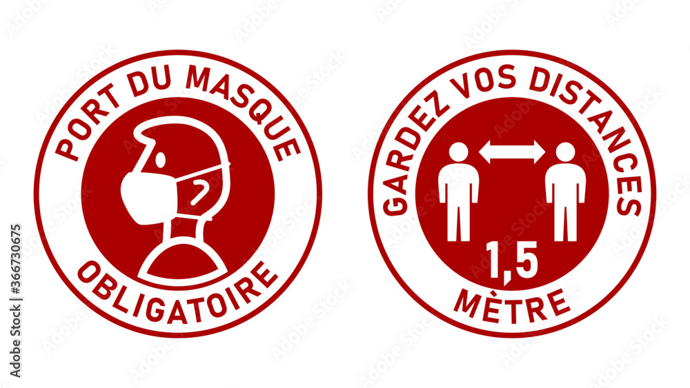 Set of Round Sticker Signs against Coronavirus in French "Port Du ...