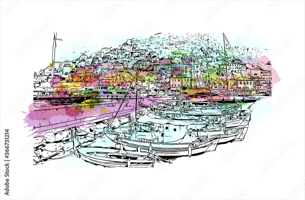 Building view with landmark of Hydra town is the capital and main ...