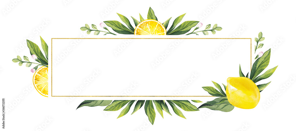 Watercolor banner with lemons and green leaves. Place your text in the ...