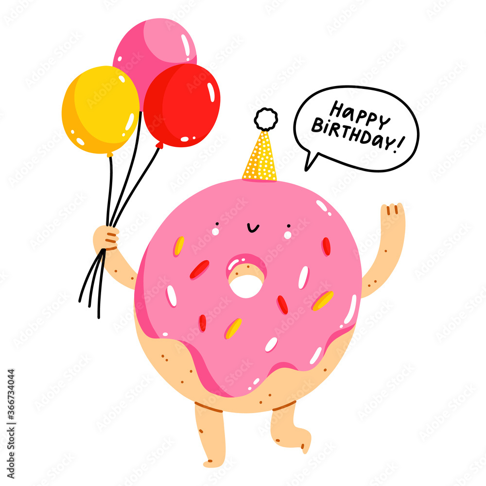 Cute donut character with balloons, happy birthday vector illustration ...