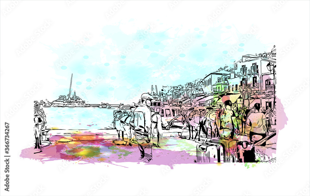 Building view with landmark of Hydra town is the capital and main ...