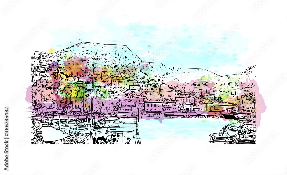 Building view with landmark of Hydra town is the capital and main ...