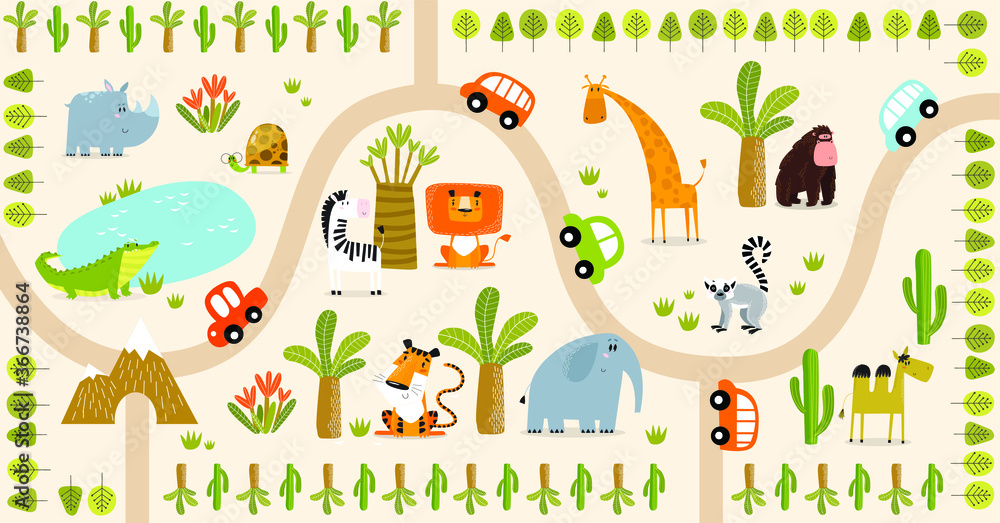 Vector tropical maze with animals in safari park. Cartoon tropical ...