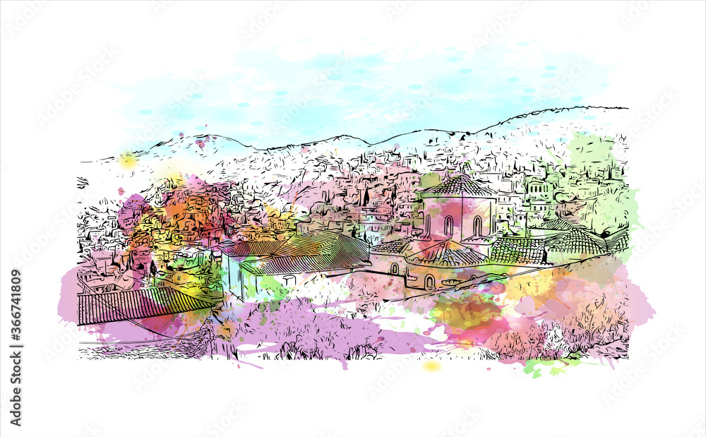 Building view with landmark of Hydra town is the capital and main ...