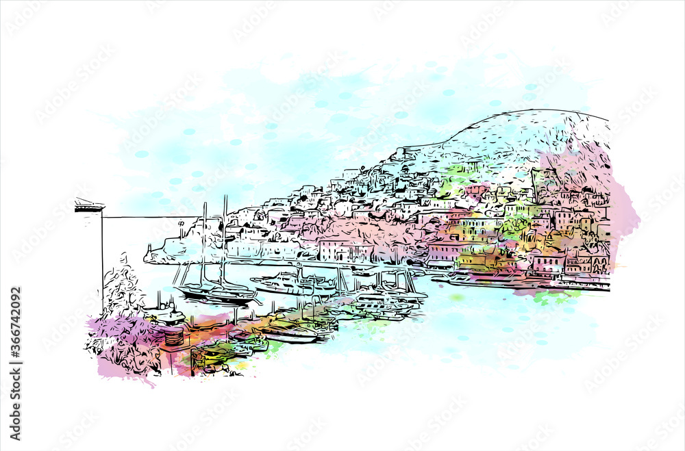 Building view with landmark of Hydra town is the capital and main ...
