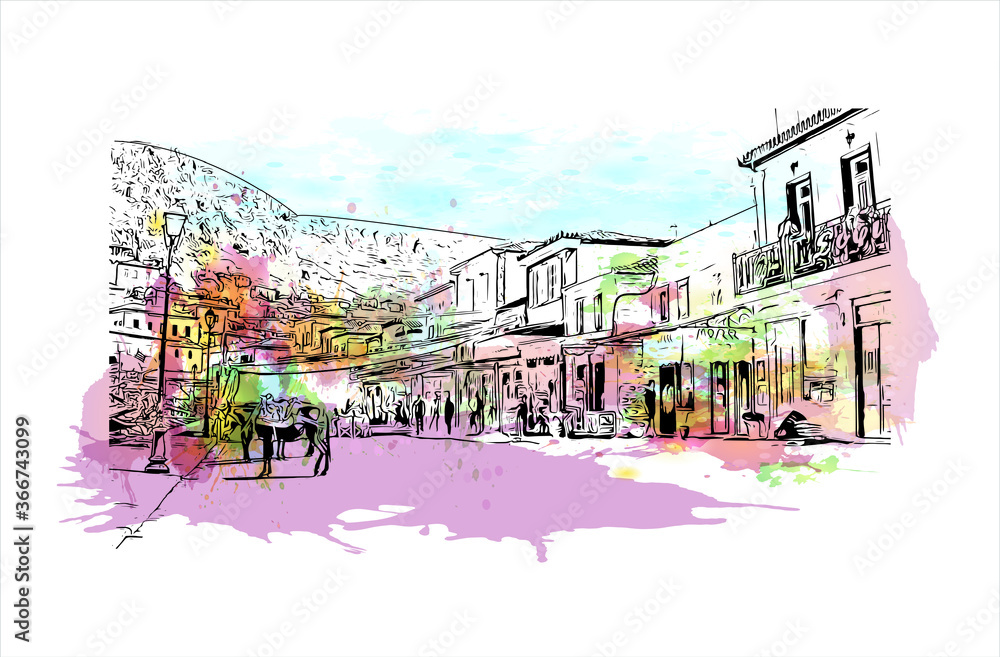 Building view with landmark of Hydra town is the capital and main ...