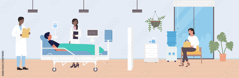 Hospital medical ward vector illustration. Cartoon flat sick ...