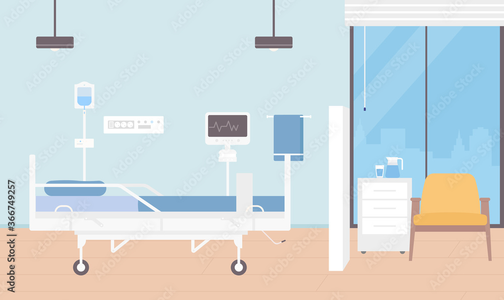 Hospital room interior vector illustration. Cartoon empty ward for ...